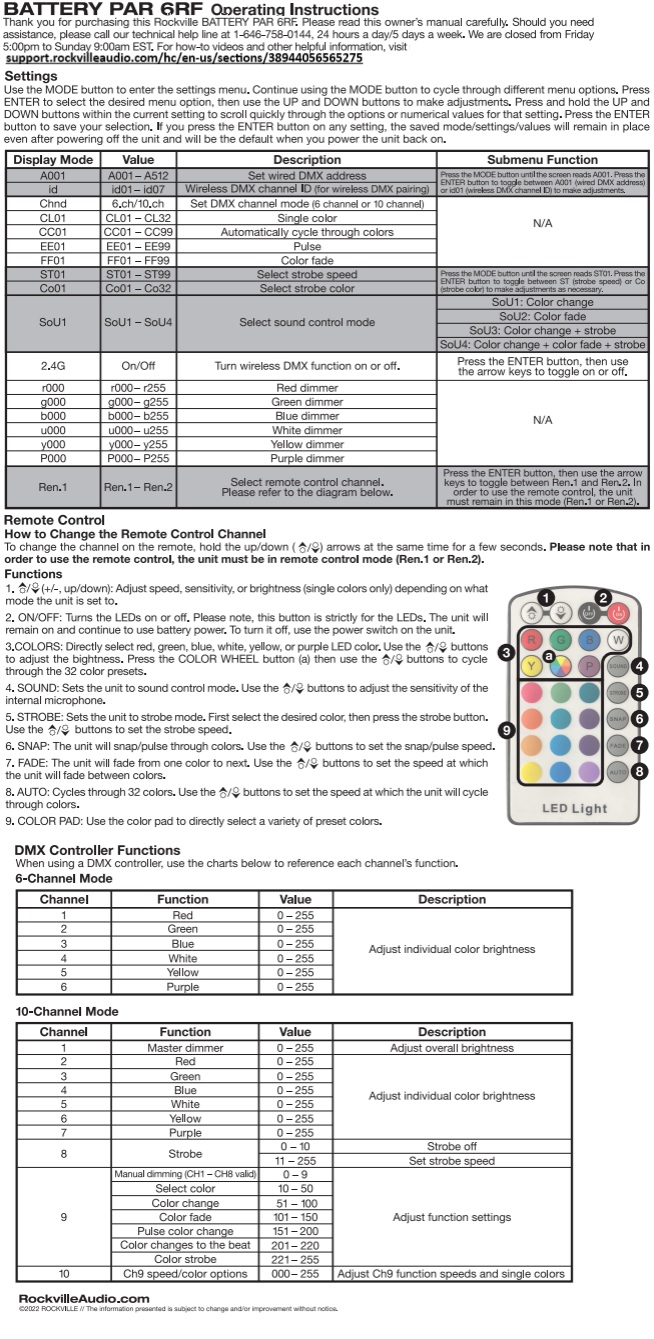 BATTERY PAR 6RF Owner's Manual – Rockville Audio